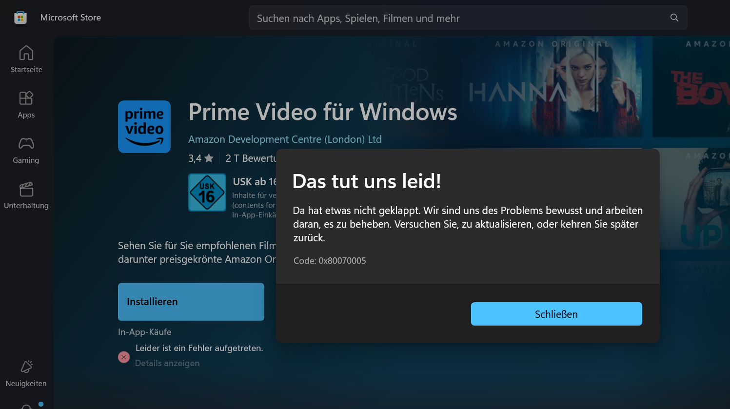 Installation Prime Video APP für Windows nicht möglich.